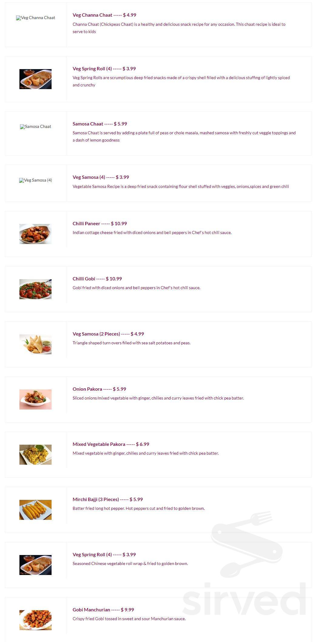 Siri Indian Restaurant menu in Chicago, Illinois, USA