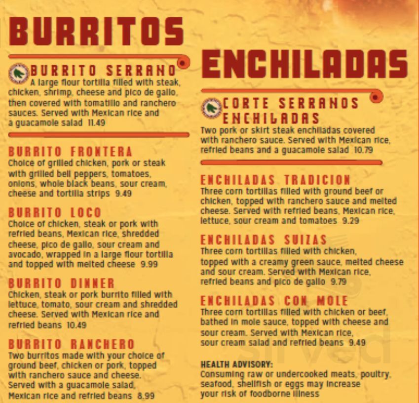 Serranos Mexican Grill menu in Valparaiso, Indiana, USA