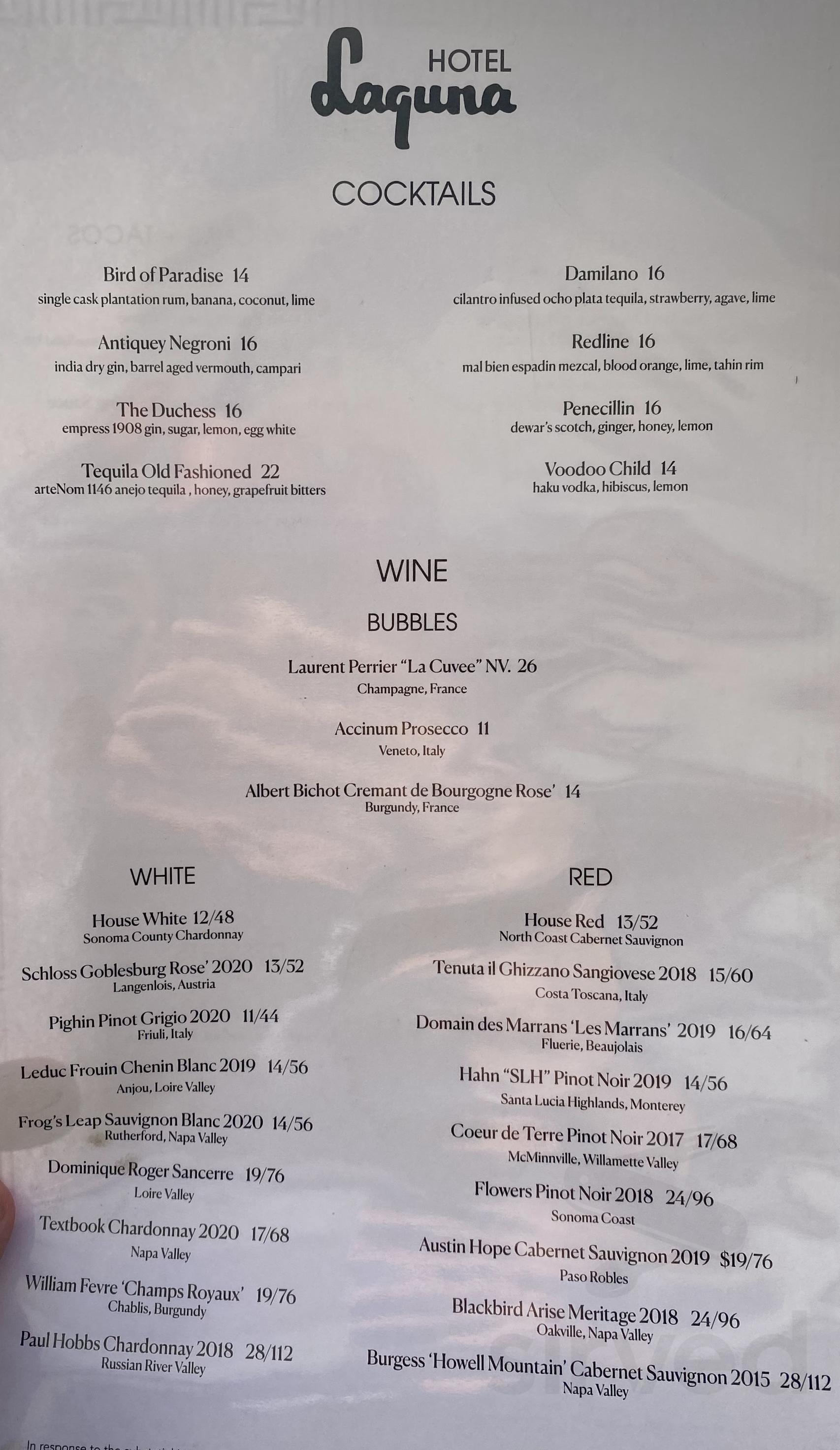 LARSEN menu in Laguna Beach, California, USA