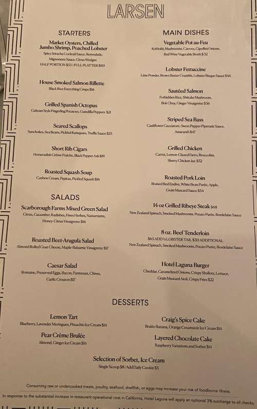 LARSEN menu in Laguna Beach, California, USA