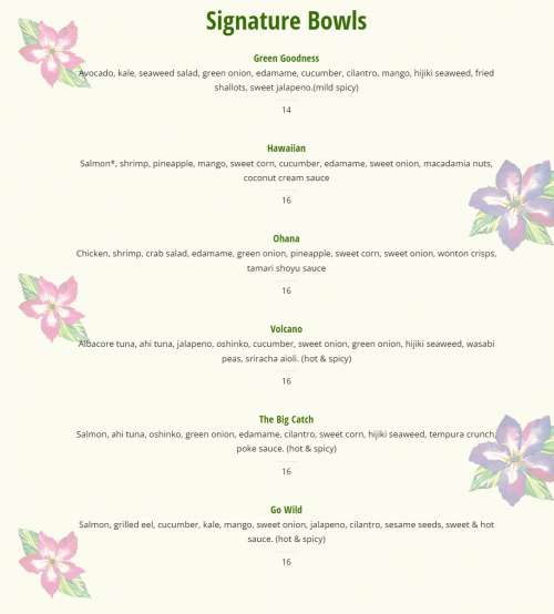 Poke Sushi bowl menu in Fredericksburg, Virginia, USA