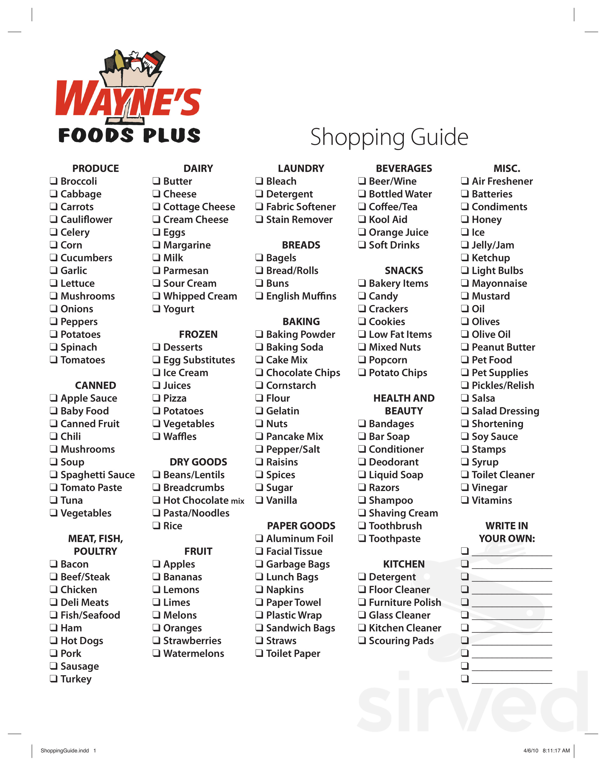 Menu for Wayne's Foods Plus in Webster, WI | Sirved