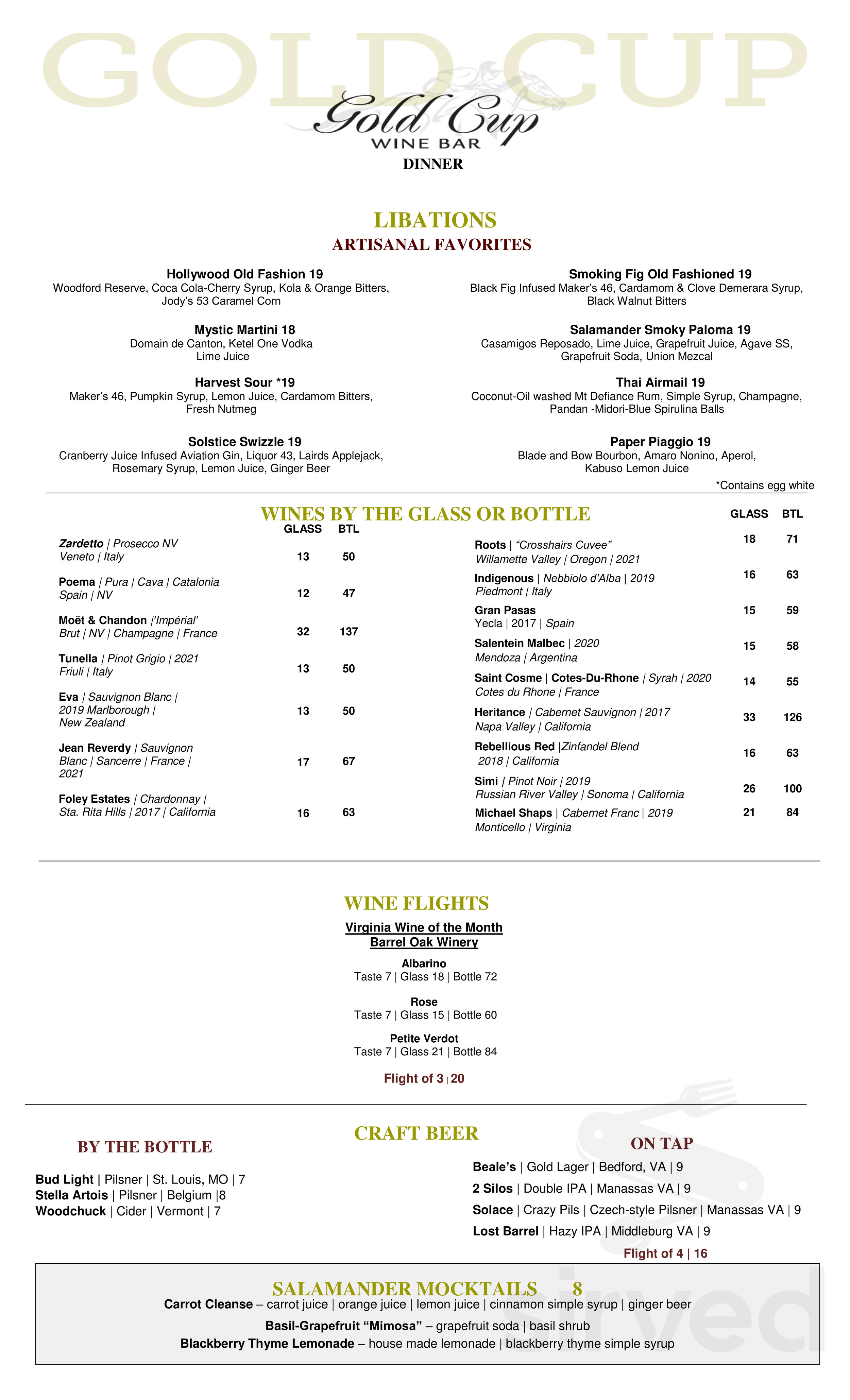 Salamander Resort & Spa menu in Middleburg, Virginia, USA