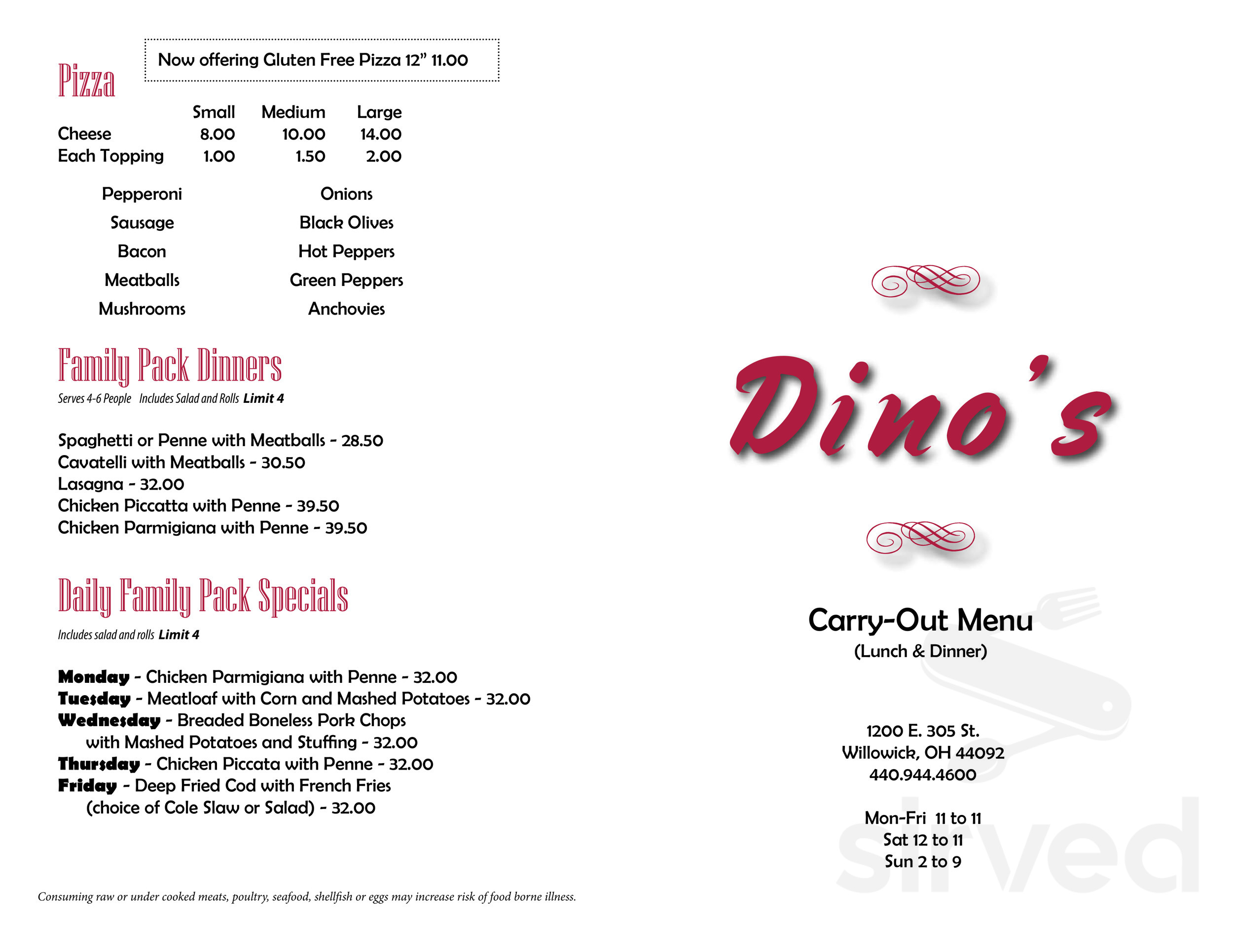 Menu for Dino's Restaurant in Willowick, OH | Sirved