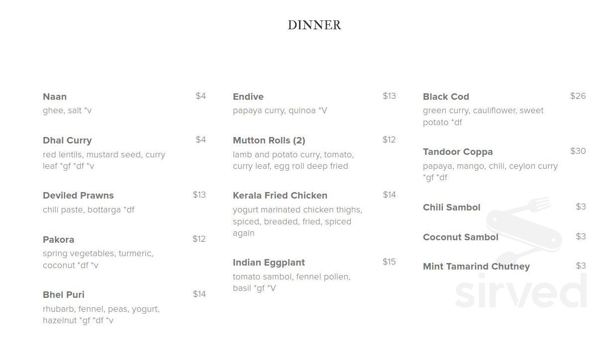 Rupee Bar menu in Seattle, Washington, USA