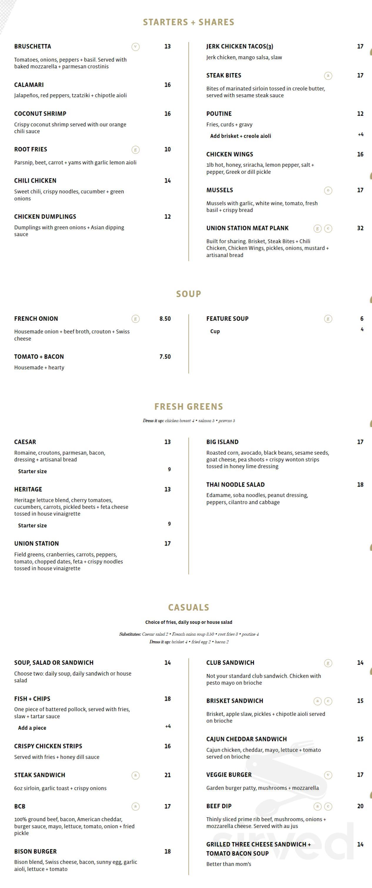 Menu for Union Station Restaurant + Bar in Regina, SK | Sirved
