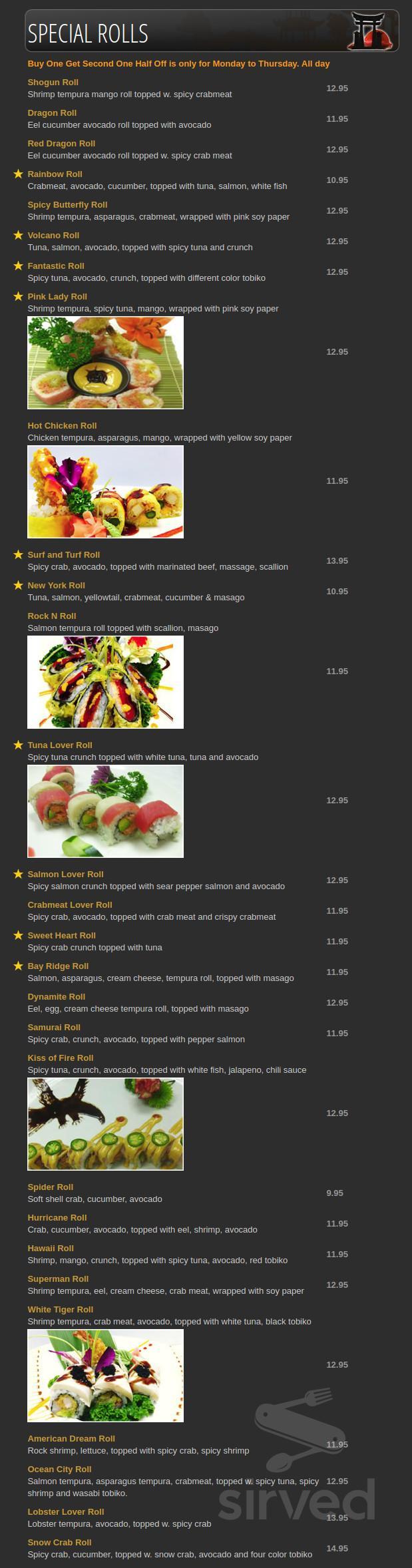 Shogun Hibachi Steakhouse menu in Uniontown, Pennsylvania, USA