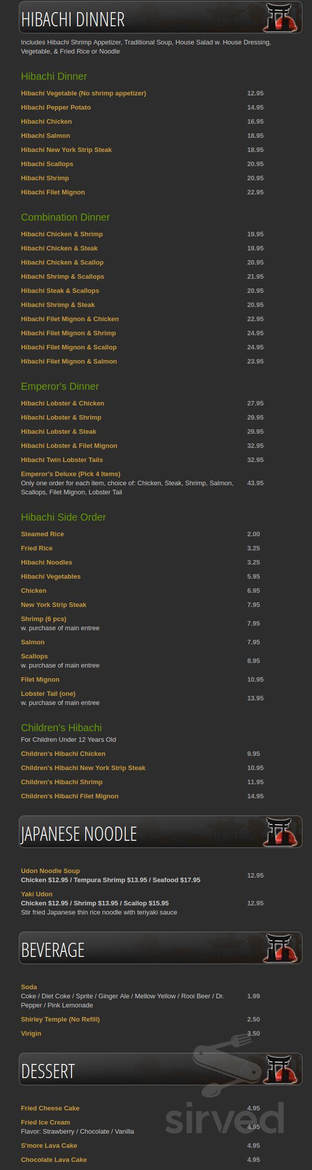 Menu - Uniontown PA's Shogun Hibachi Steakhouse | Sirved