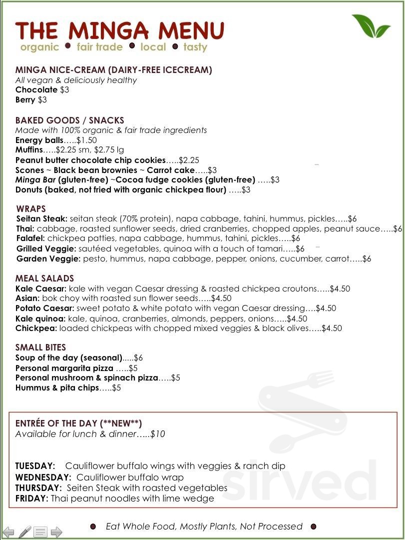 Menu for The Minga Cafe in Dunnville, ON | Sirved