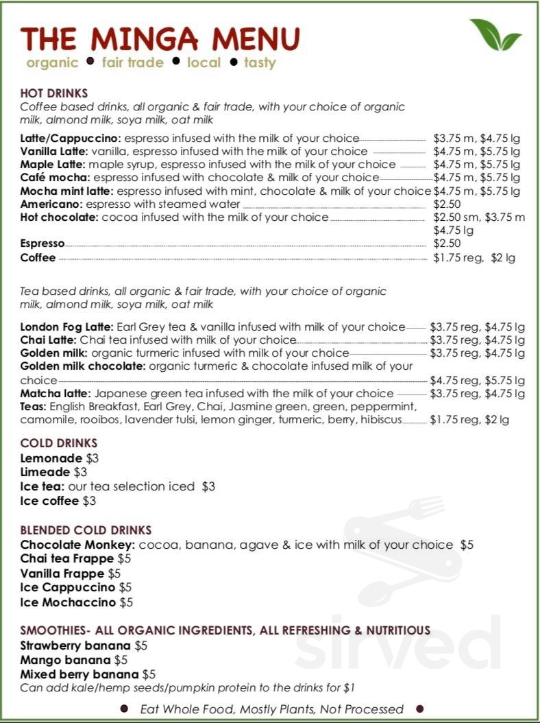 Menu for The Minga Cafe in Dunnville, ON | Sirved