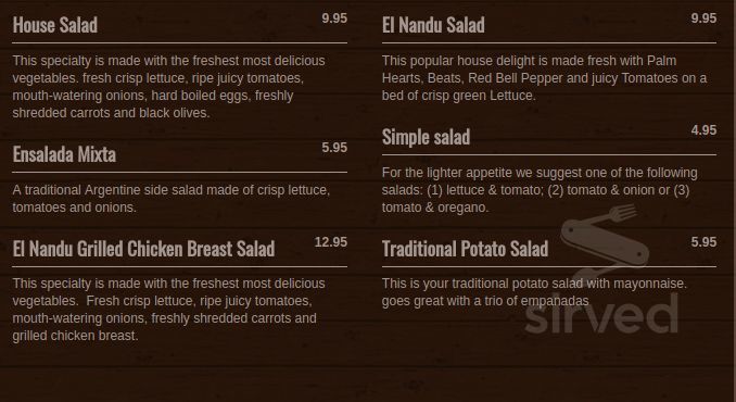 Menu - Chicago IL's El Nandu Restaurant | Sirved