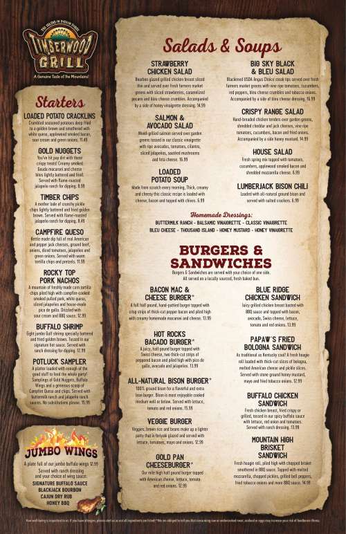 Timberwood Grill menu in Pigeon Forge, Tennessee, USA