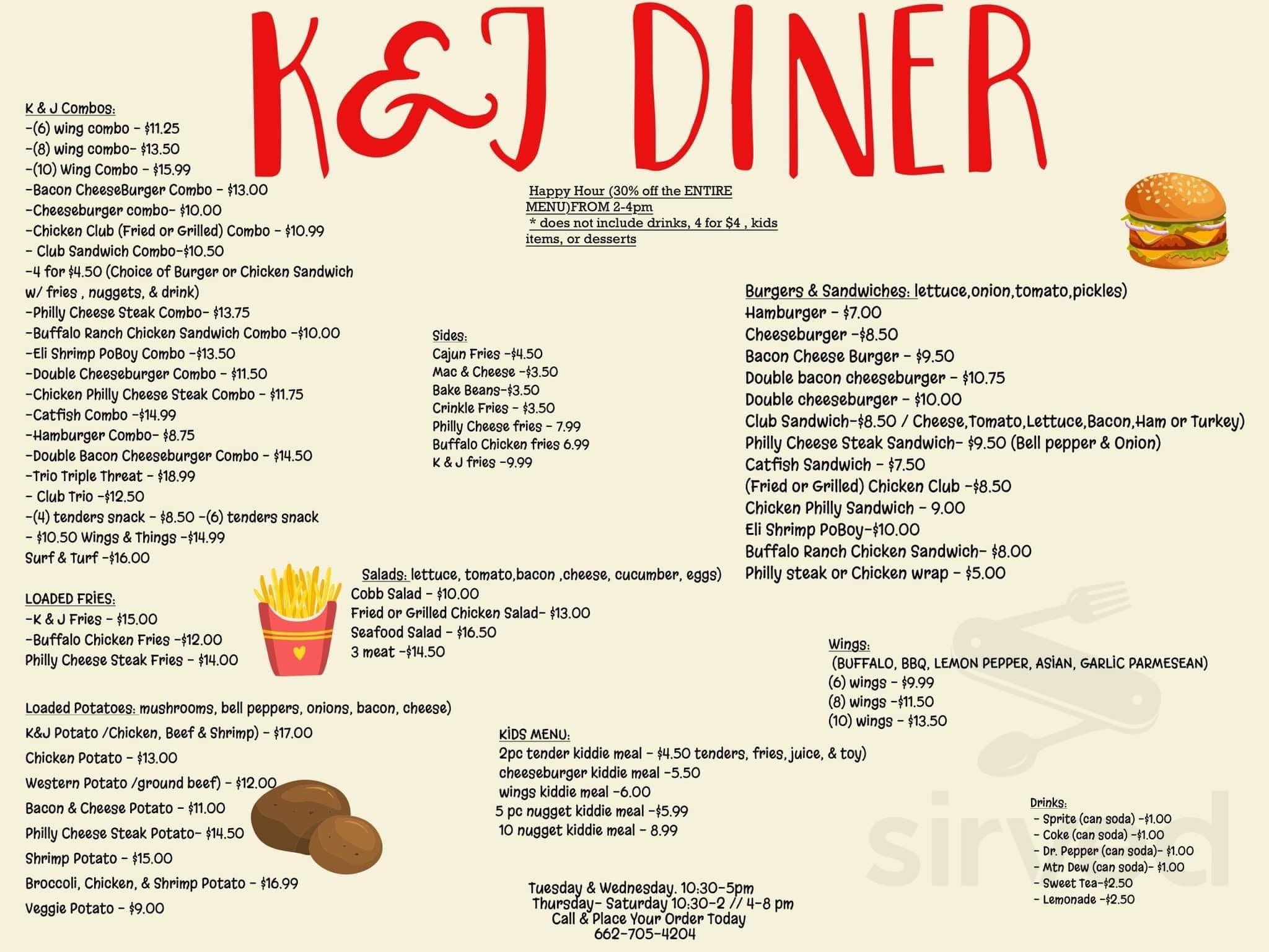 K & J's Diner menu in Louisville, Mississippi, USA