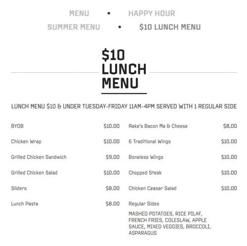 Rake's Place menu in Zanesville, Ohio, USA