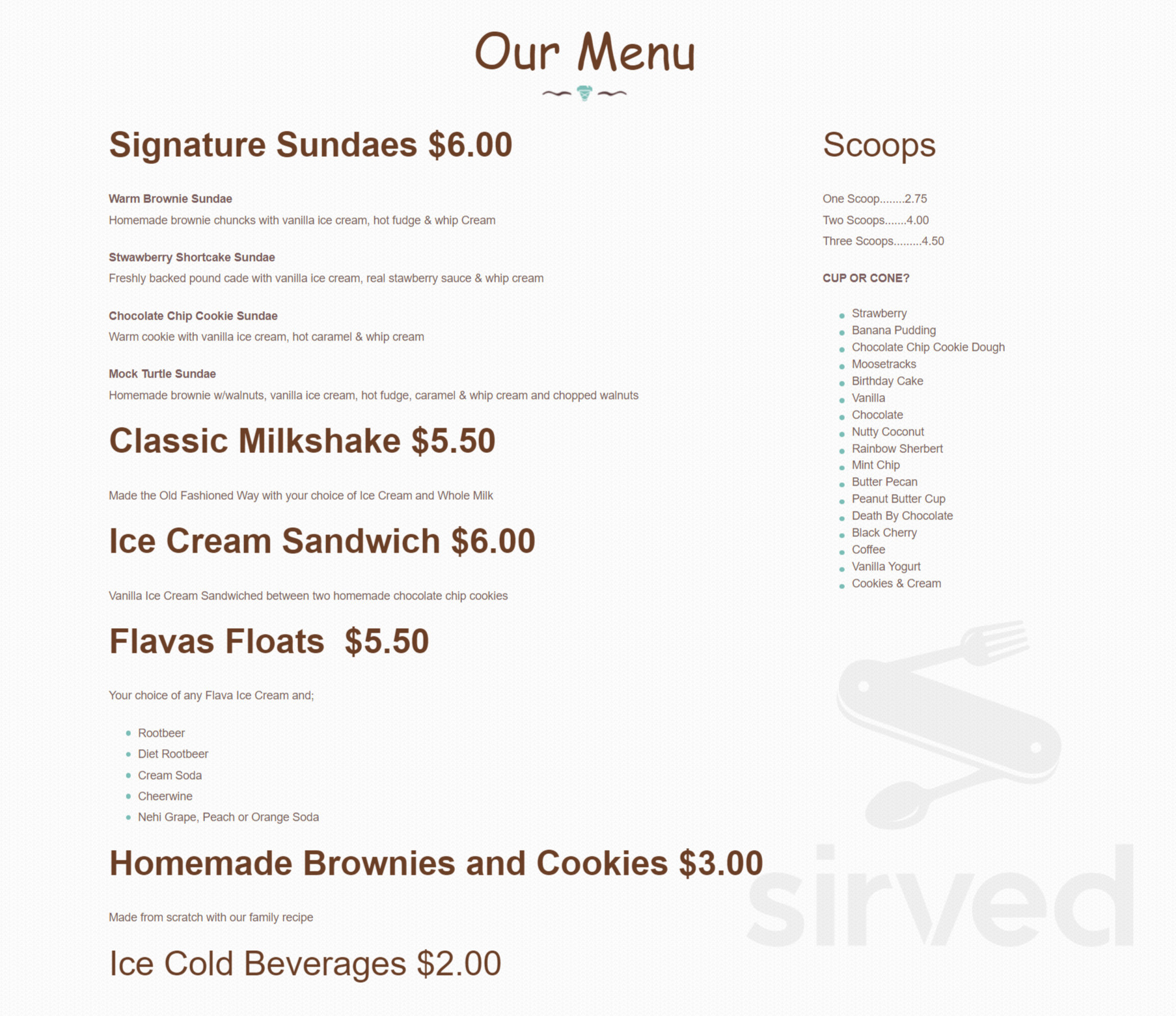 Flava's Ice Cream Shop menu in Southport, North Carolina, USA