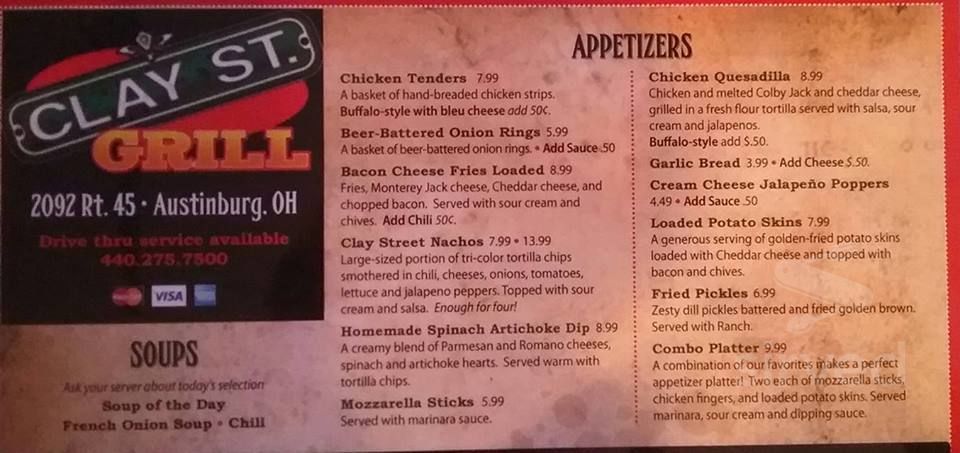 Clay Street Grill menu in Austinburg, Ohio, USA