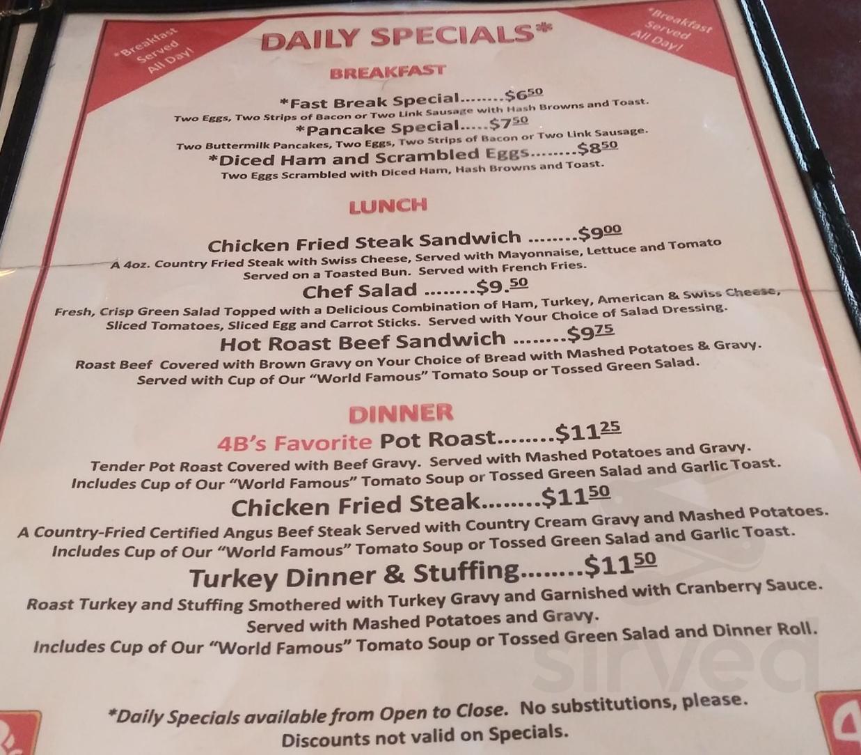 Menu for Four B's Restaurant in Great Falls, MT | Sirved