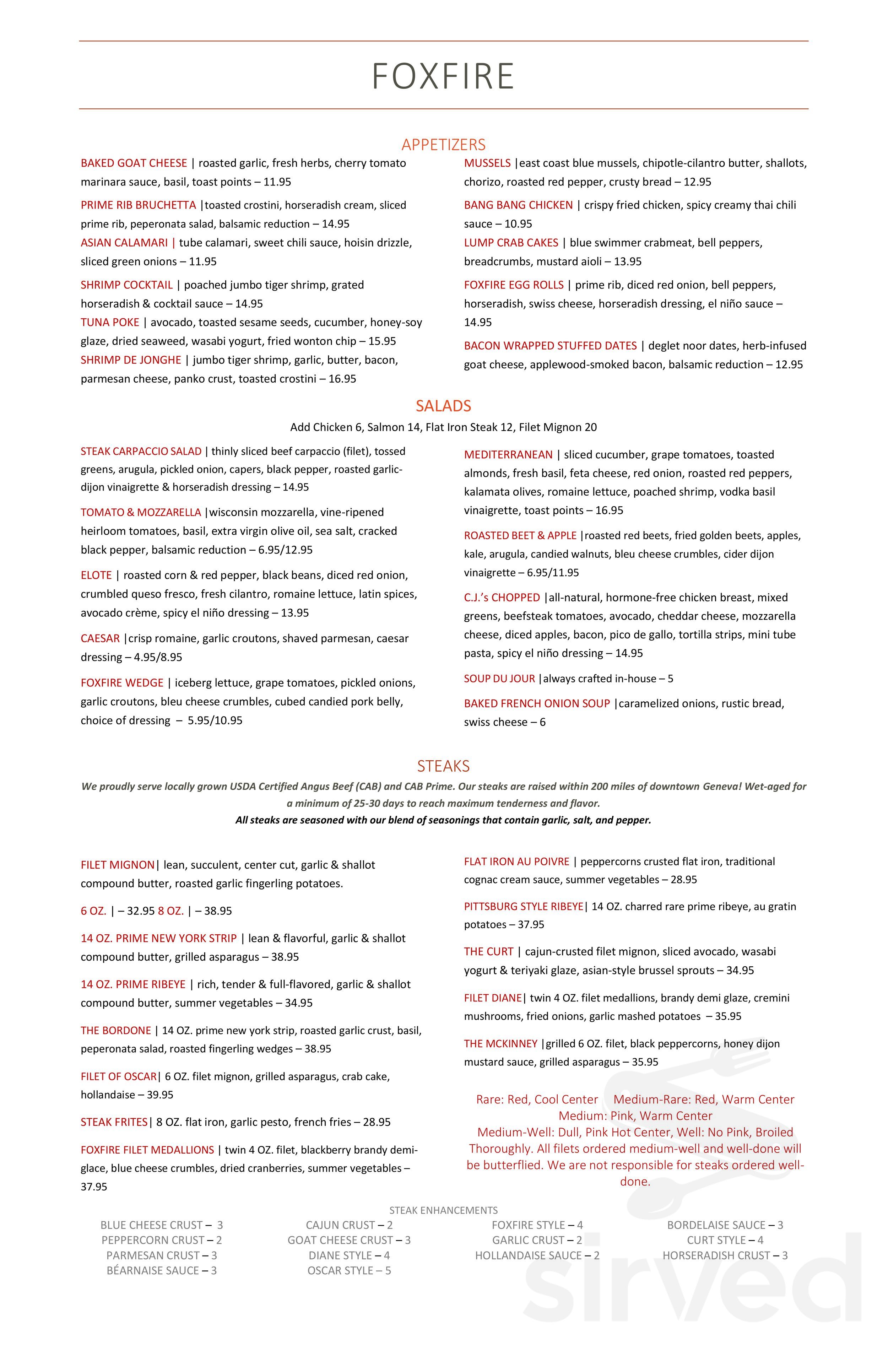 FoxFire Restaurant menu in Geneva, Illinois, USA