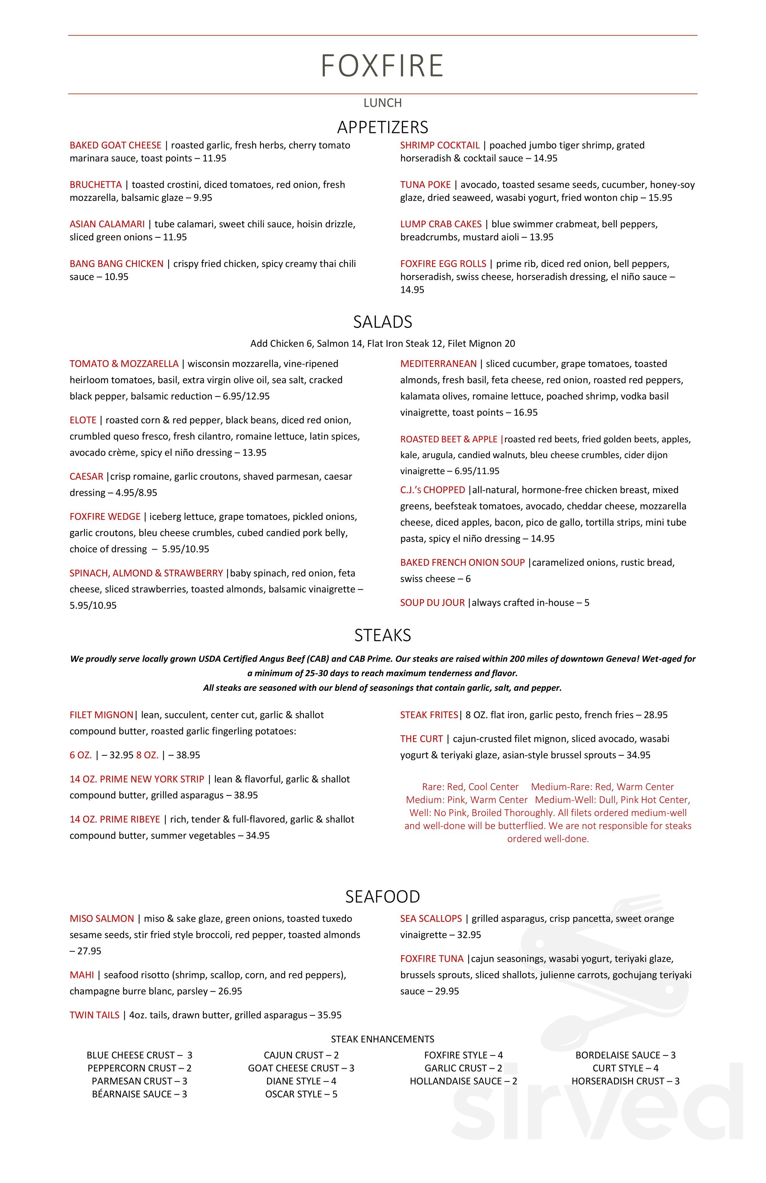 FoxFire Restaurant menu in Geneva, Illinois, USA