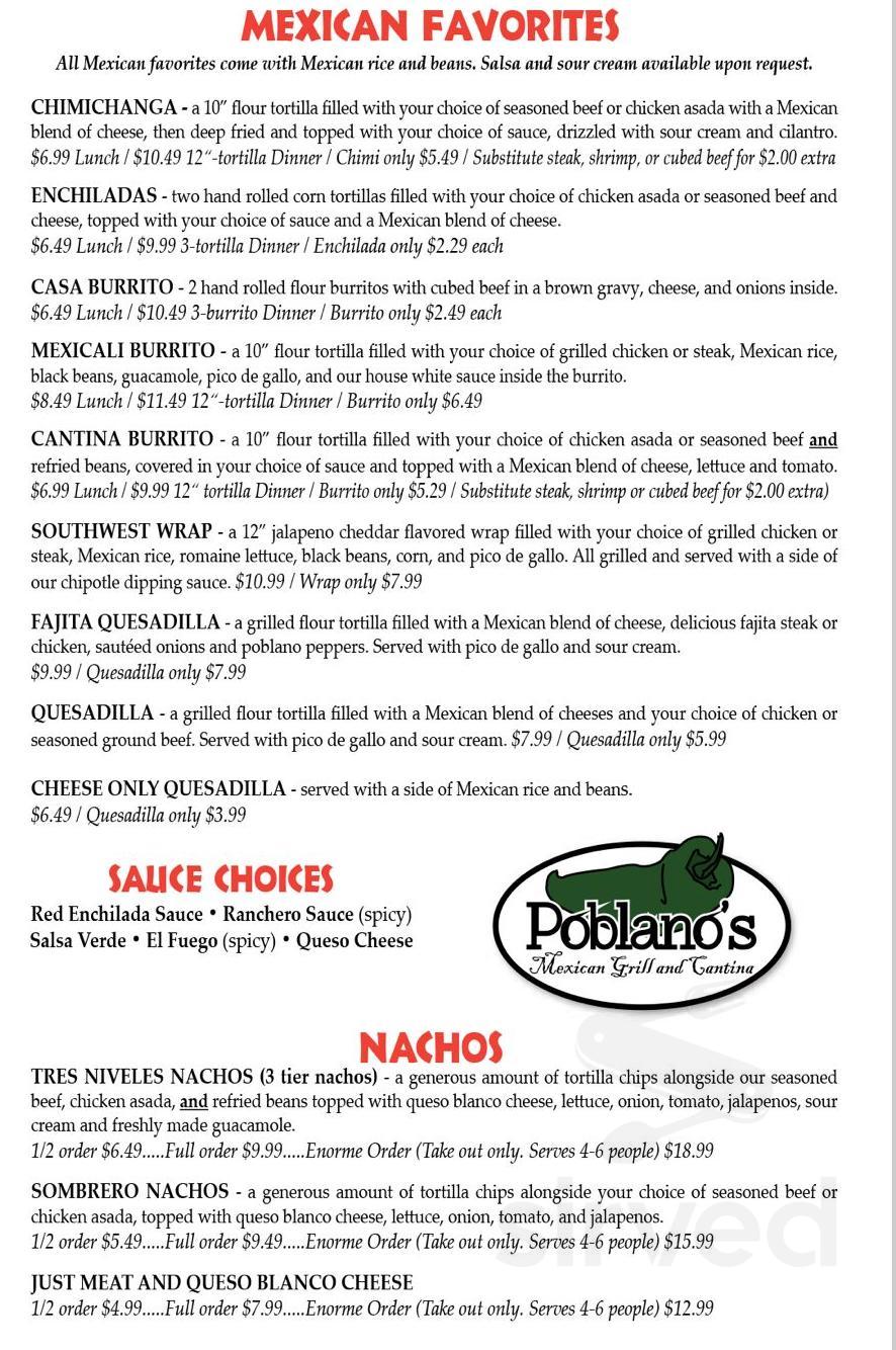 Poblano's Mexican Grill & Cantina menu in Frankenmuth, Michigan, USA