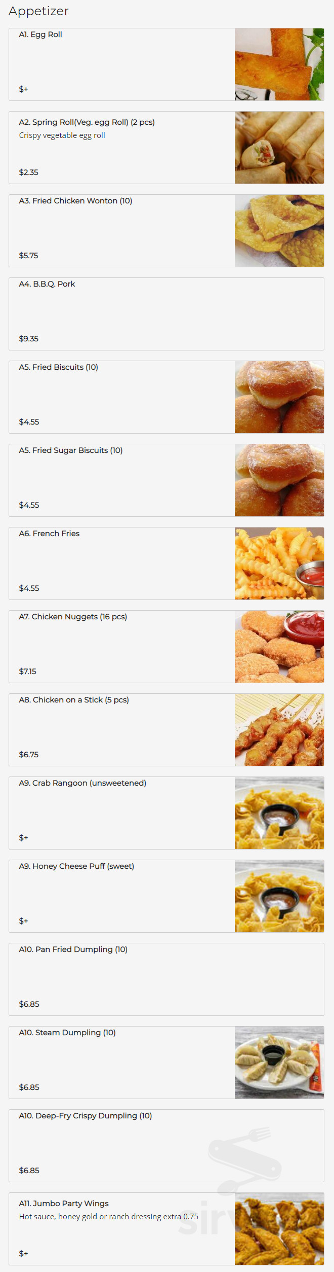 NAM KING RESTAURANT menu in Memphis, Tennessee, USA