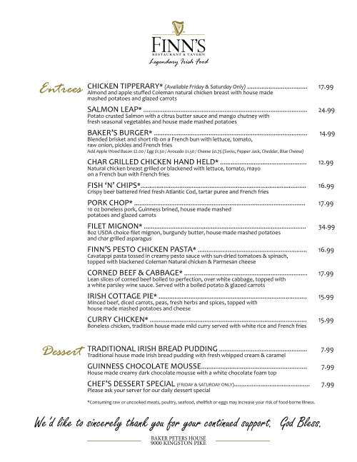 Finn's Irish Restaurant & Tavern menu in Knoxville, Tennessee, USA