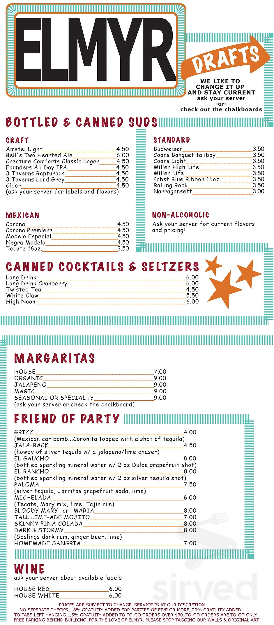 Elmyr menu in Atlanta, Georgia, USA