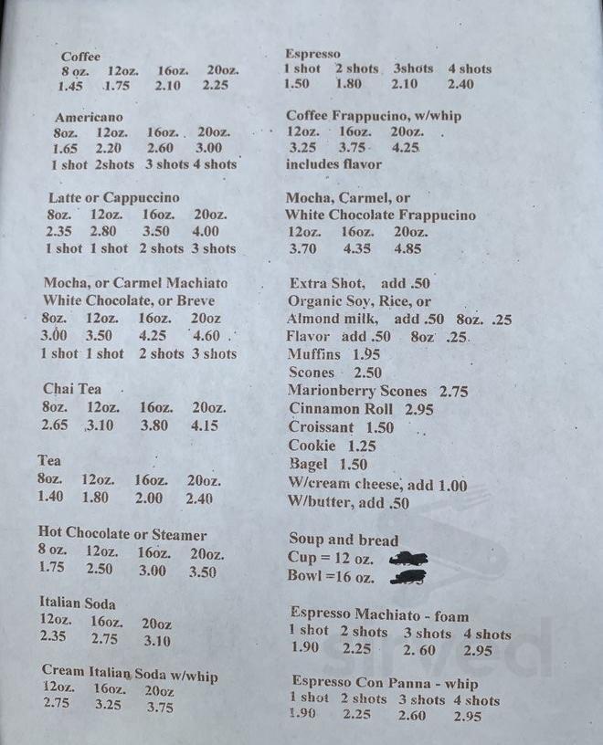 Bald Eagle Coffee House menu in Cannon Beach, Oregon, USA