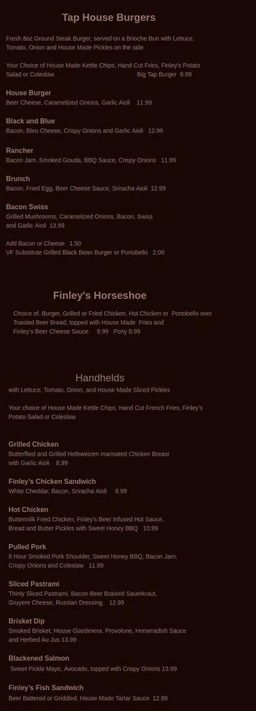 Finley's Tap House menu in Springfield, Illinois, USA