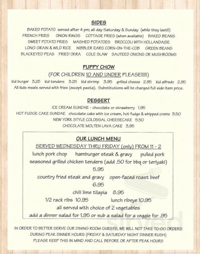 Menu for Junkyard Dog Steakhouse in Hohenwald, TN | Sirved
