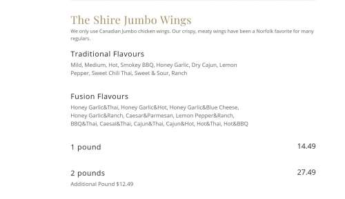 The Shire menu in Simcoe, Ontario, Canada