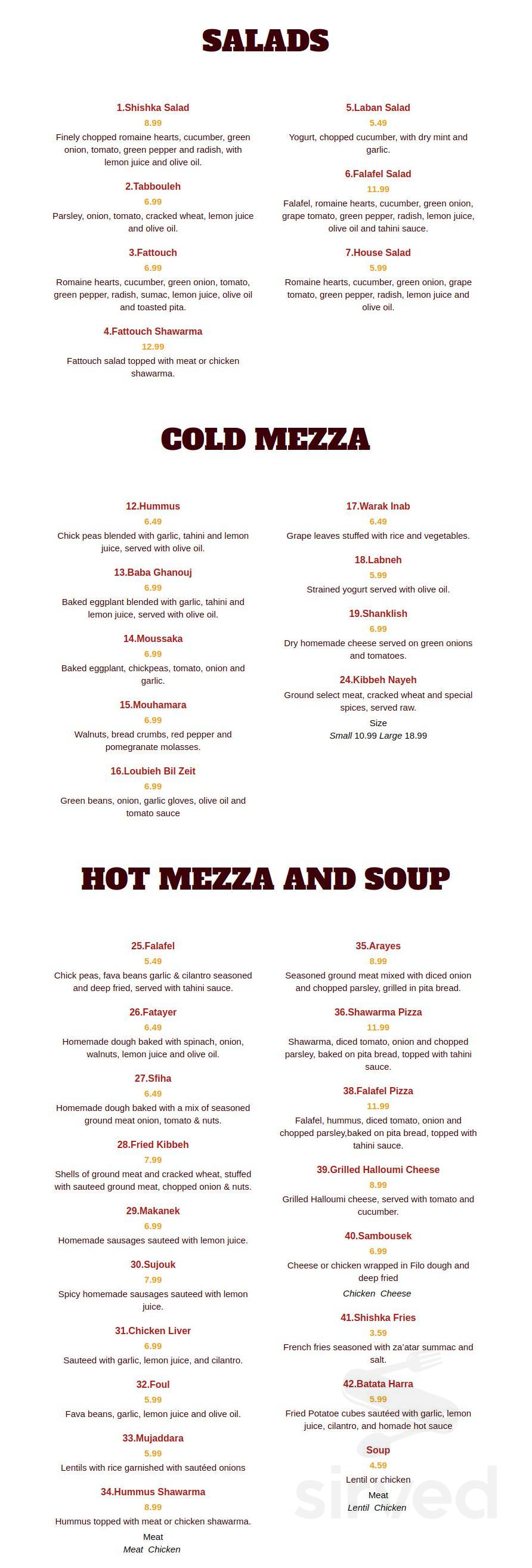 Shishka Lebanese Grill menu in Pompano Beach, Florida, USA