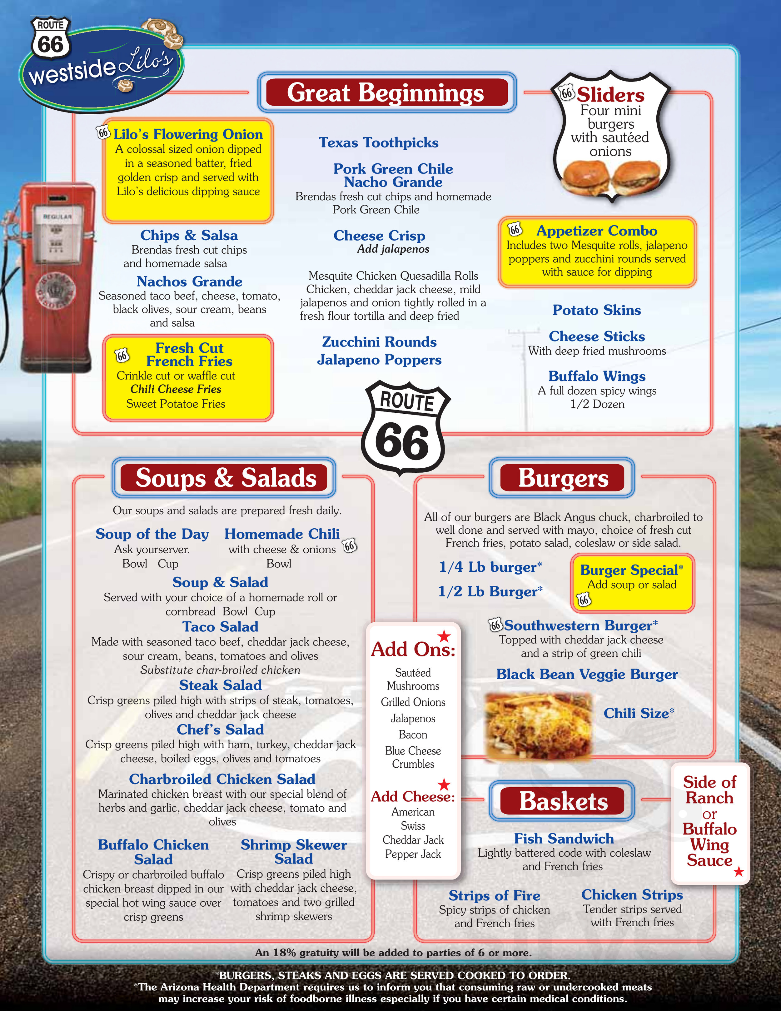 Westside Lilo's Cafe menu in Seligman, Arizona, USA