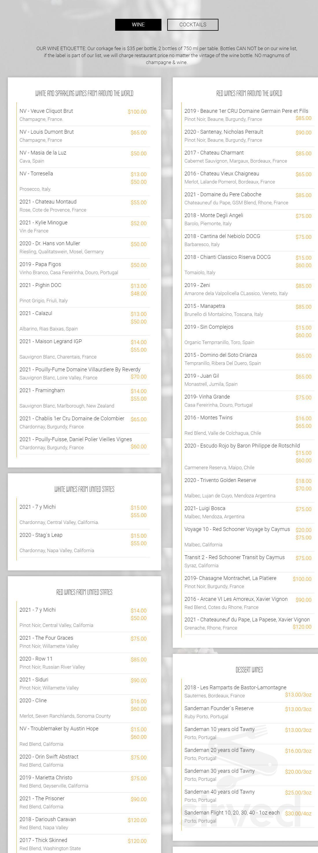 Platea Prime Steakhouse & Ceviche Bar menu in Pinecrest, Florida, USA