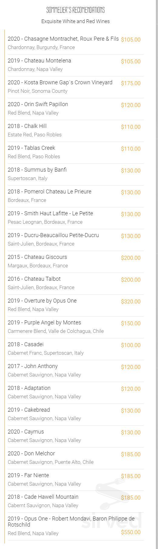 Platea Prime Steakhouse & Ceviche Bar menu in Pinecrest, Florida, USA