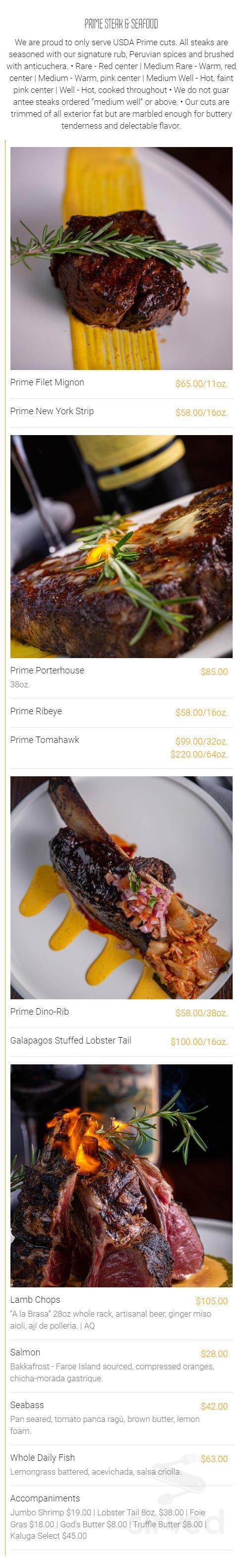 Platea Prime Steakhouse & Ceviche Bar menu in Pinecrest, Florida, USA