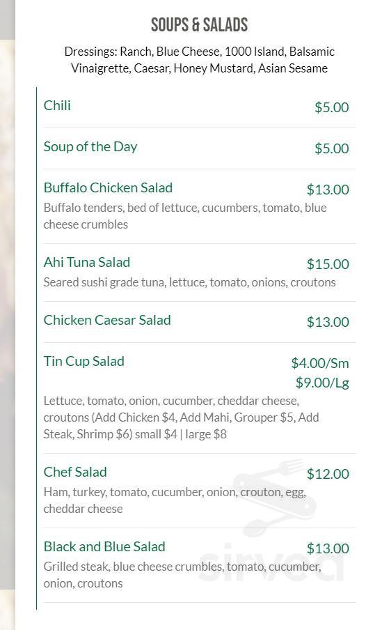 Menu - Cooper City FL's Tin Cup Sports Bar & Grill | Sirved