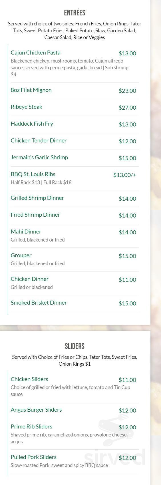 Menu - Cooper City FL's Tin Cup Sports Bar & Grill | Sirved