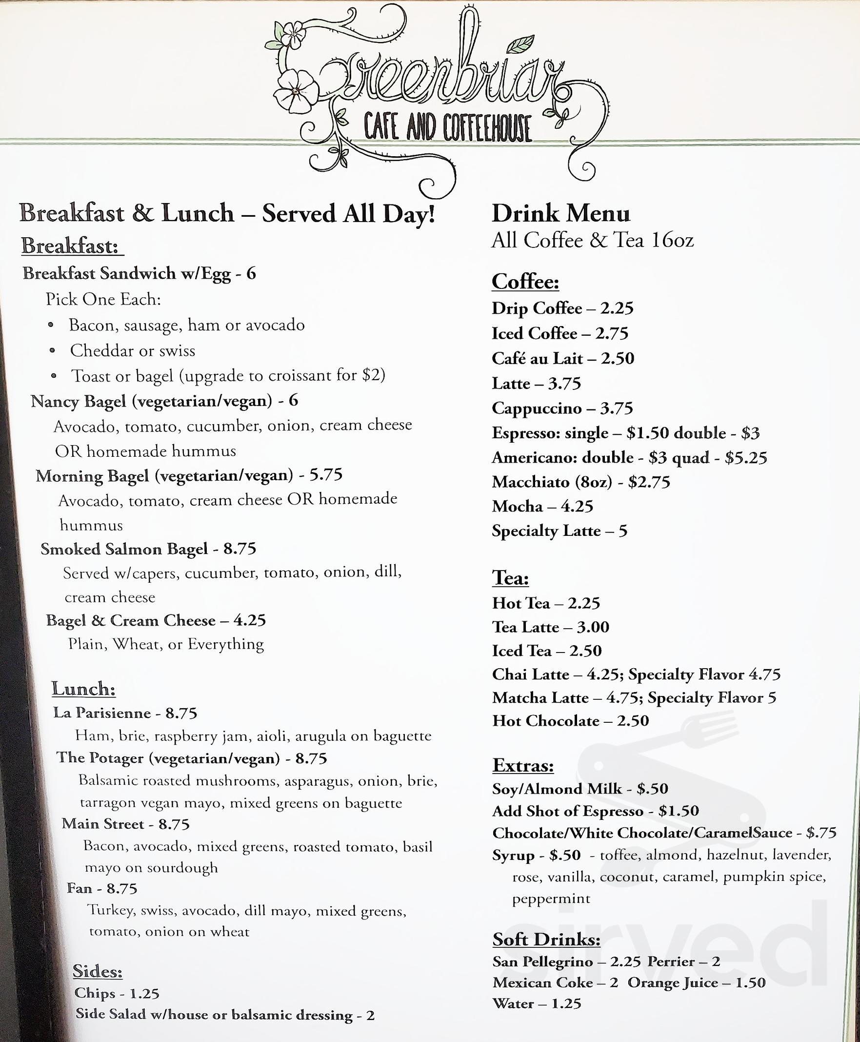Greenbriar Cafe and Coffeehouse menu in Richmond, Virginia, USA