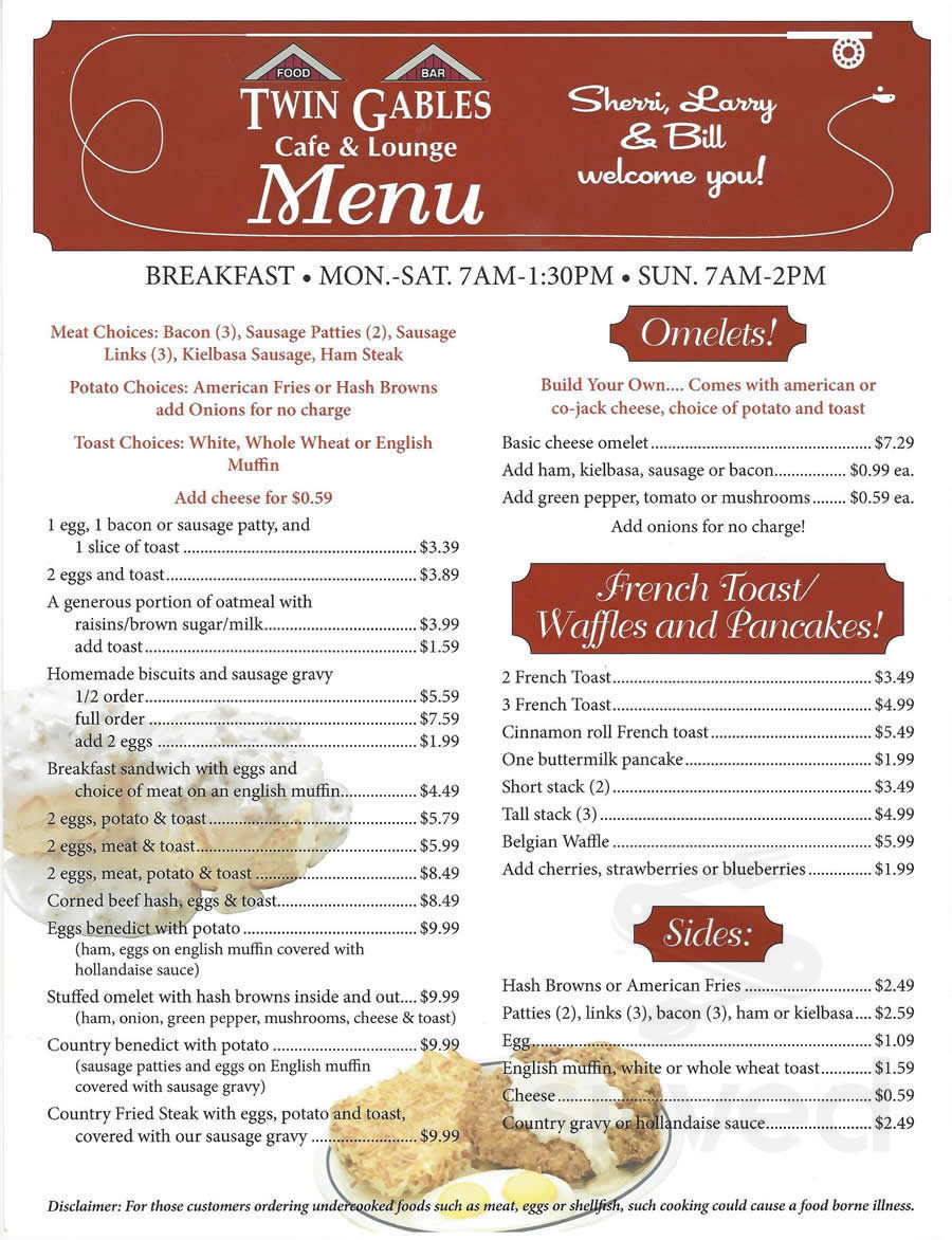Menu - Brule WI's Twin Gables Cafe-Lounge | Sirved