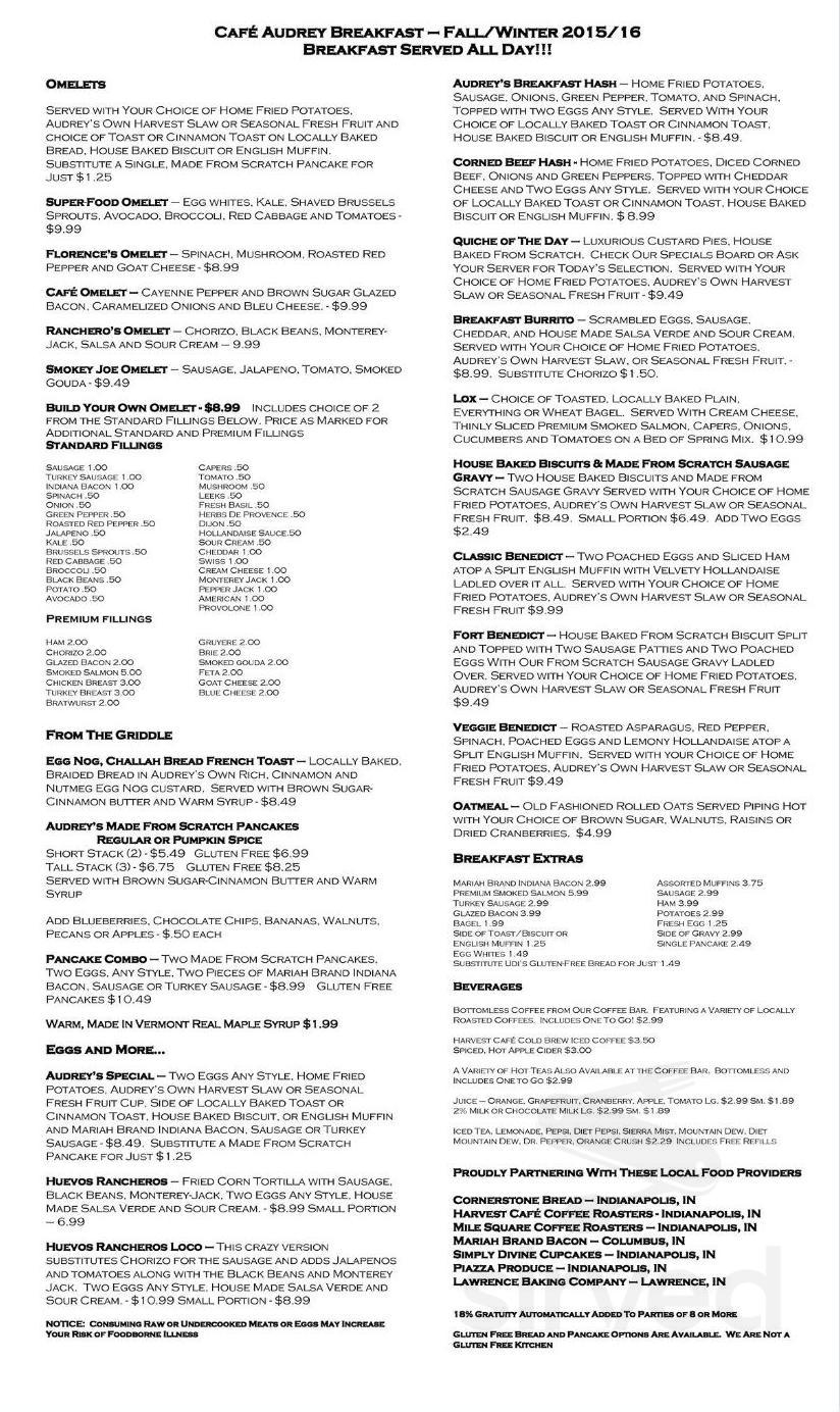 Menu - Indianapolis IN's Cafe Audrey at Fort Ben | Sirved