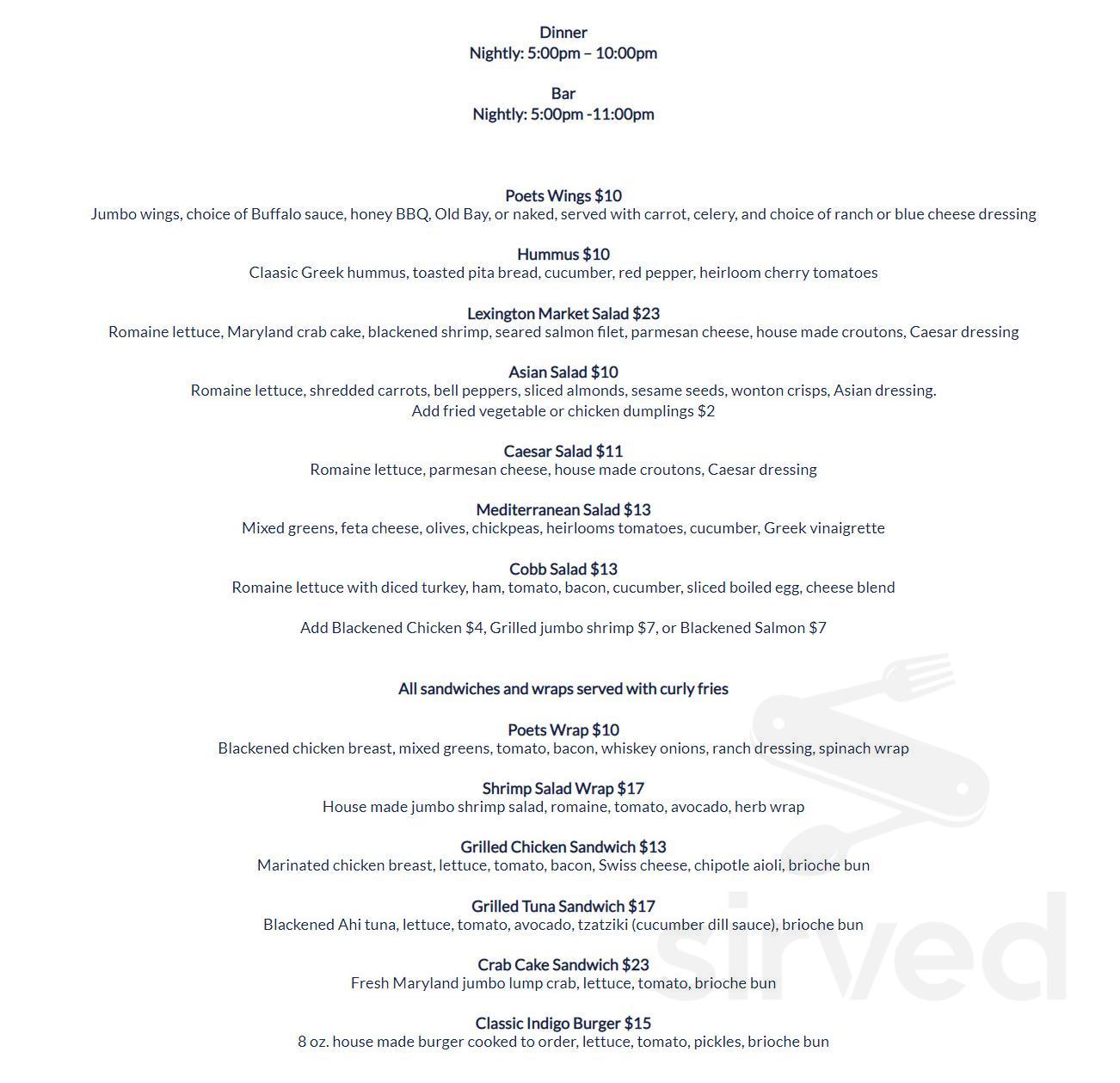 Poets Modern Cocktails & Eats menu in Baltimore, Maryland, USA