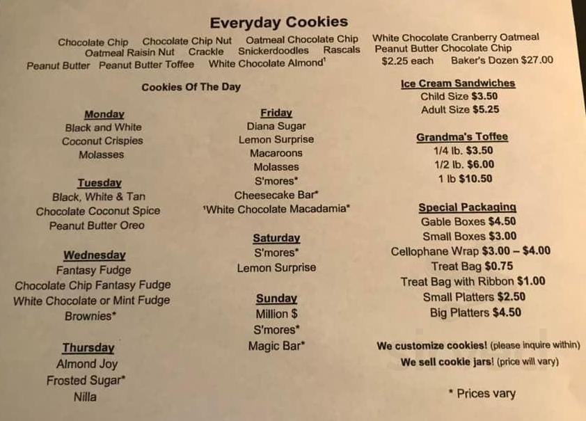 The Cookie Jar menu in Elk Grove, California, USA
