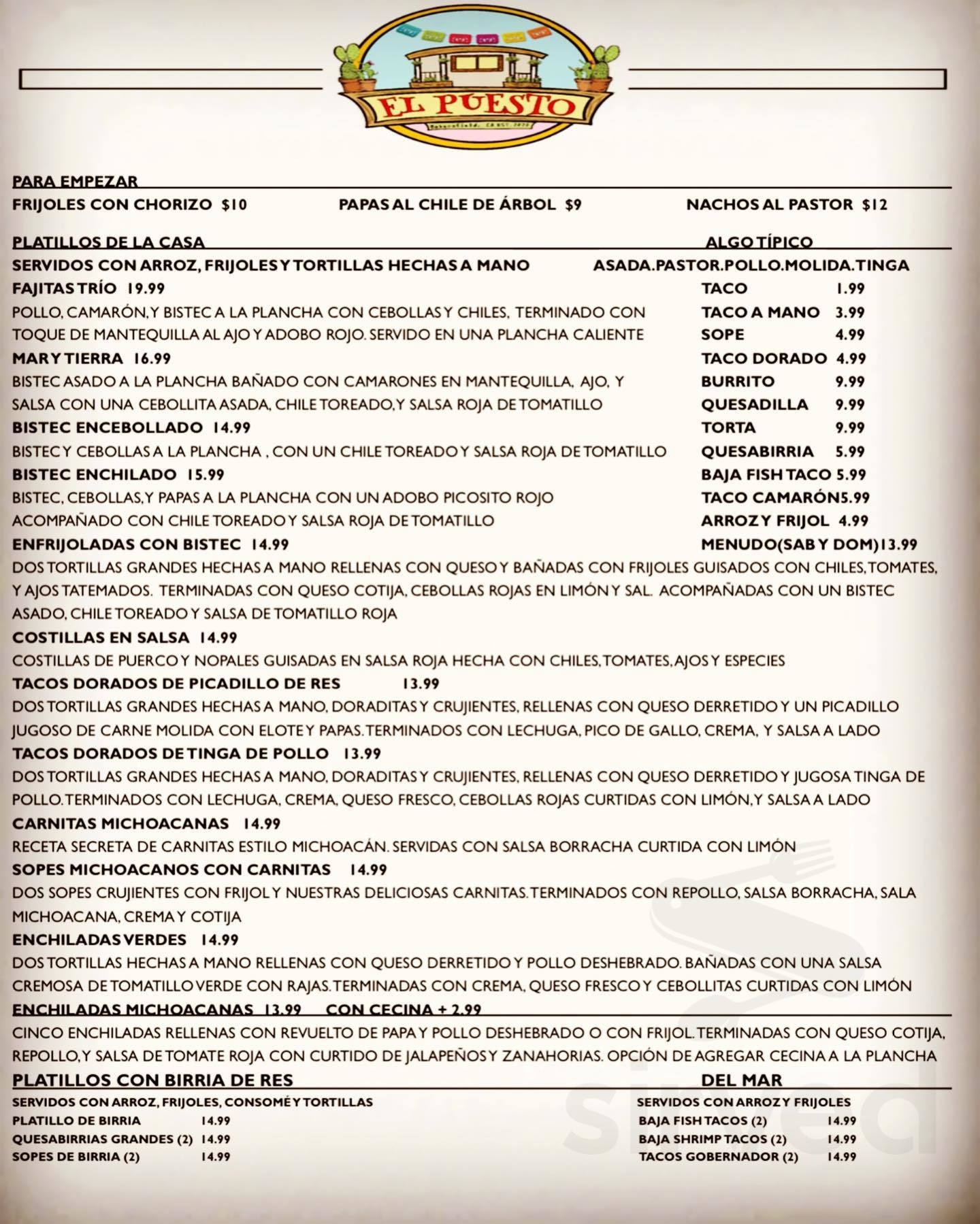 El Puesto menu in Bakersfield, California, USA