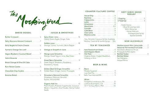 The Mockingbird menu in Austin, Texas, USA