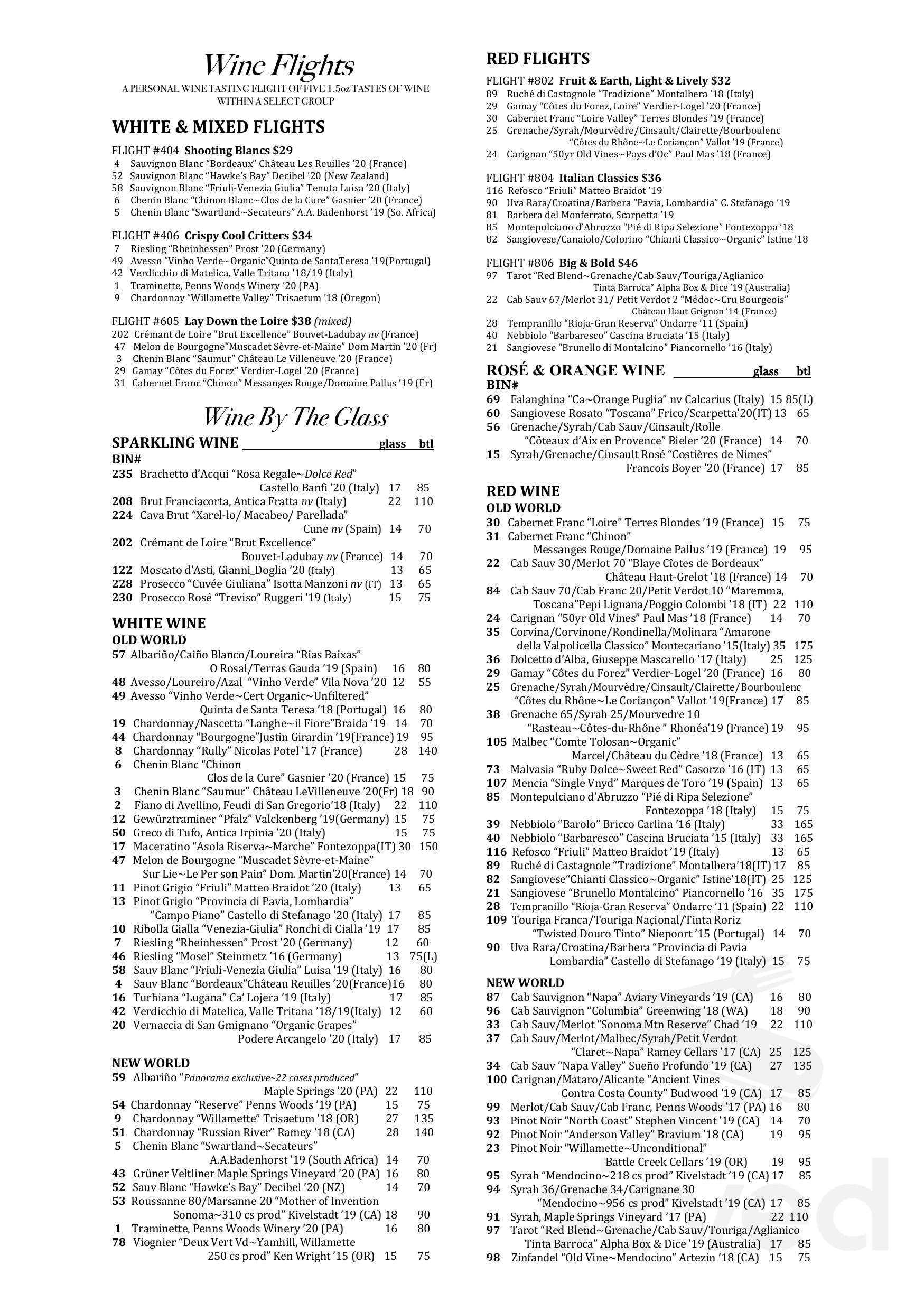 Menu - Philadelphia PA's Panorama | Sirved