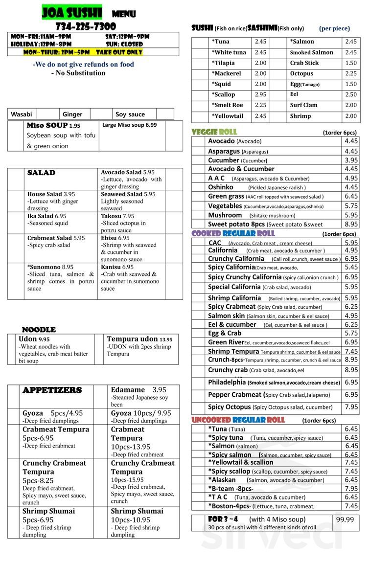 JoA Sushi menu in Southgate, Michigan, USA