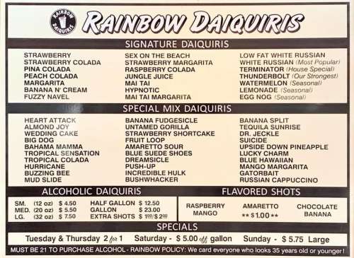 Rainbow Daiquiris & Gourmet menu in Ponchatoula, Louisiana, USA