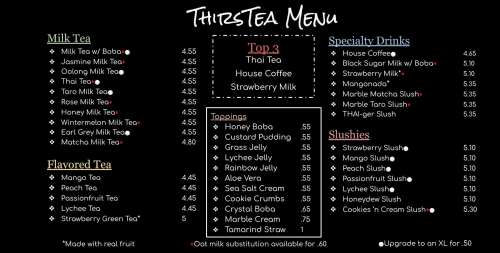ThirsTea - Boba menu in Temecula, California, USA