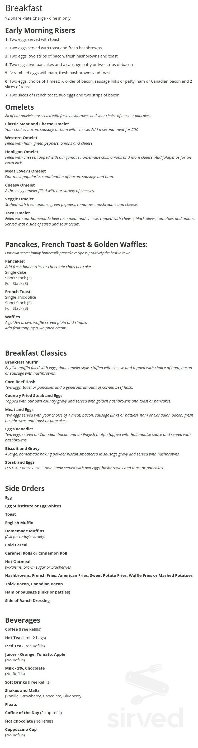 The Shack on Broadway menu in Fargo, North Dakota, USA